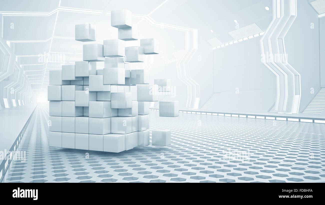 Abstract cube in futuristic room as innovative virtual interior design ...