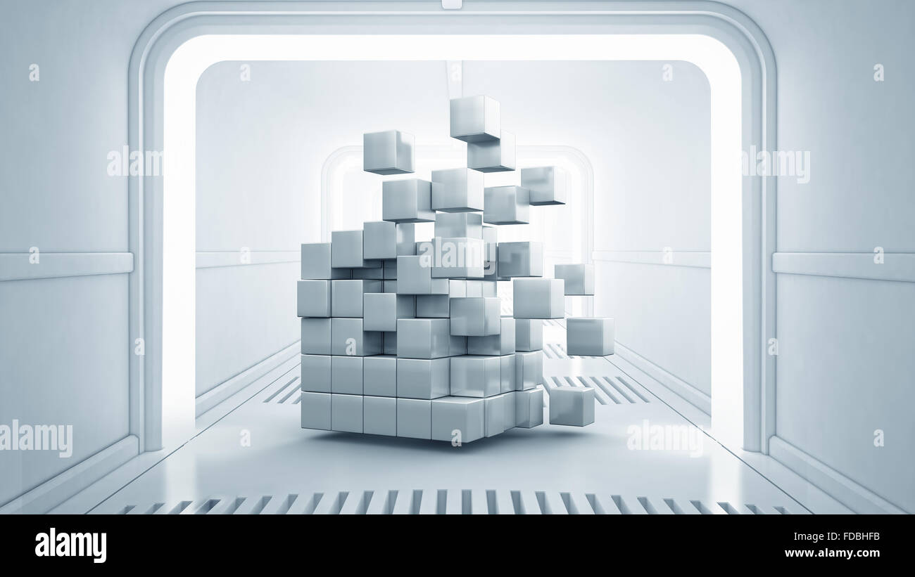 Abstract cube in futuristic room as innovative virtual interior design ...