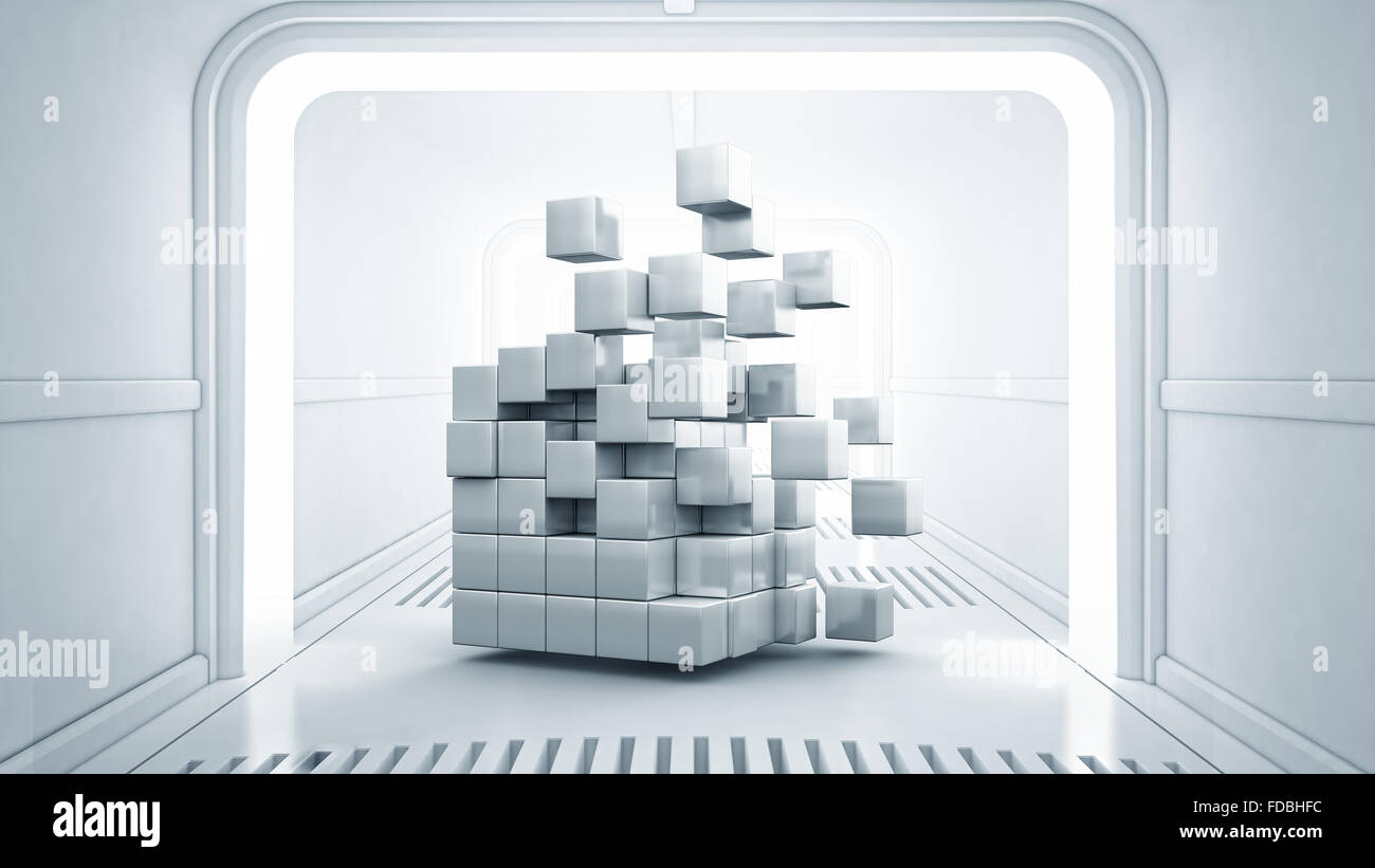 Abstract cube in futuristic room as innovative virtual interior design ...