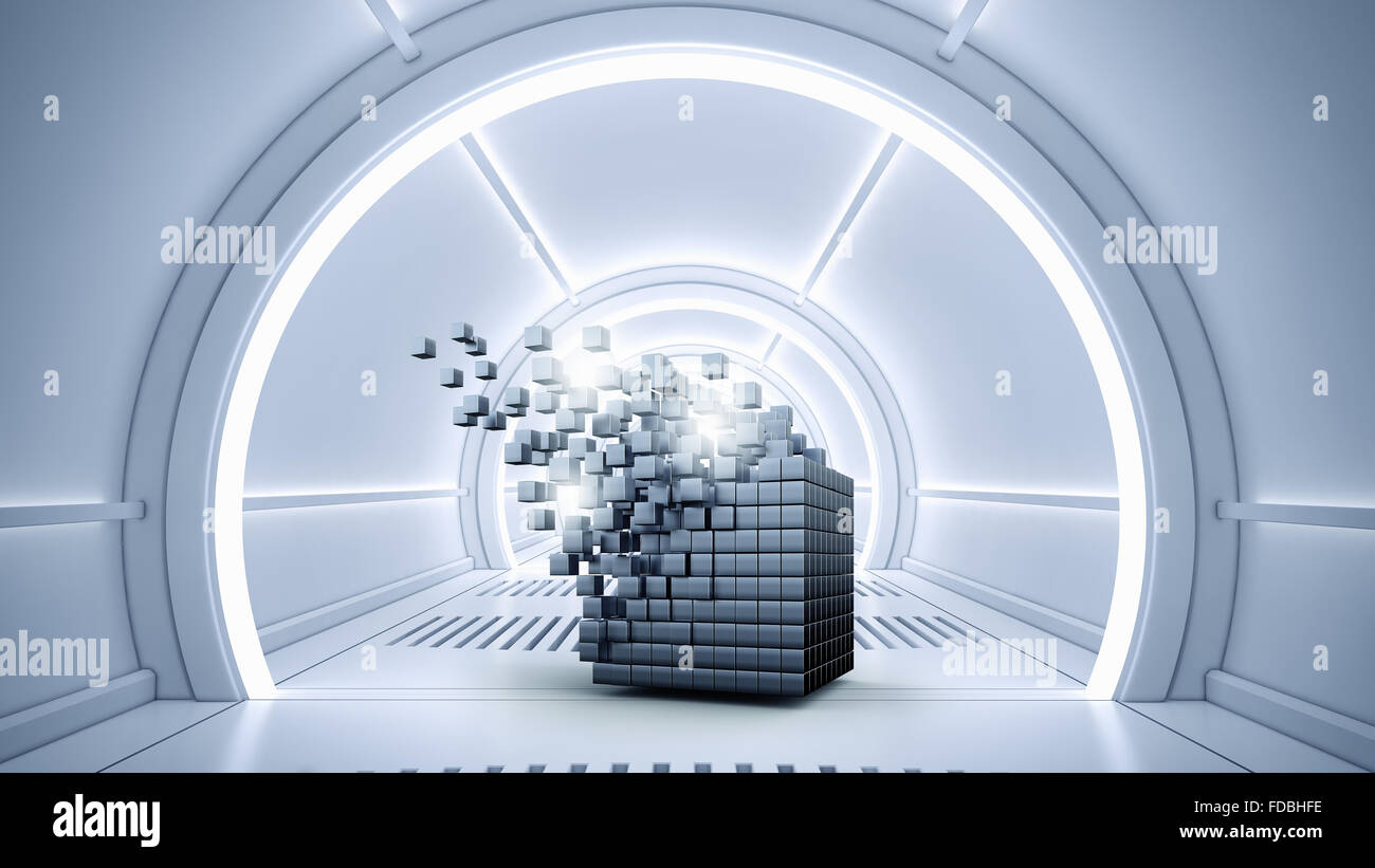 Abstract cube in futuristic room as innovative virtual interior design ...