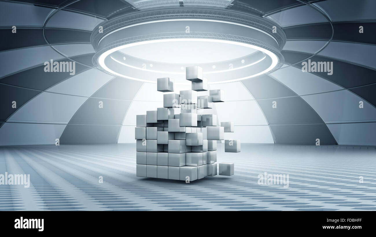 Abstract cube in futuristic room as innovative virtual interior design ...