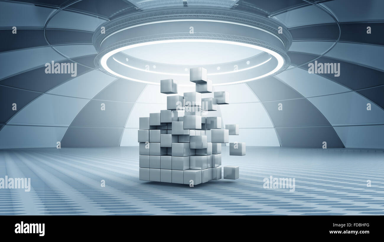 Abstract cube in futuristic room as innovative virtual interior design ...
