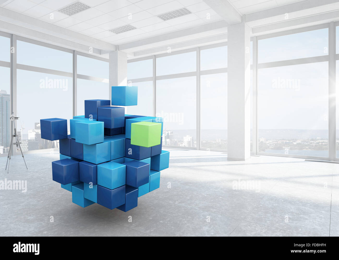Office window in day lights and digital cube Stock Photo - Alamy