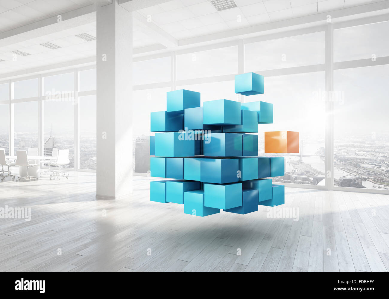 Office window in day lights and digital cube Stock Photo - Alamy