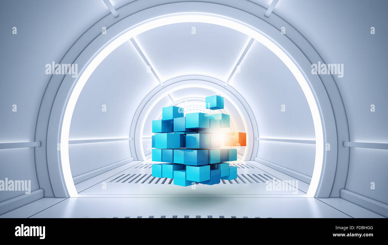 Abstract cube in futuristic room as innovative virtual interior design ...