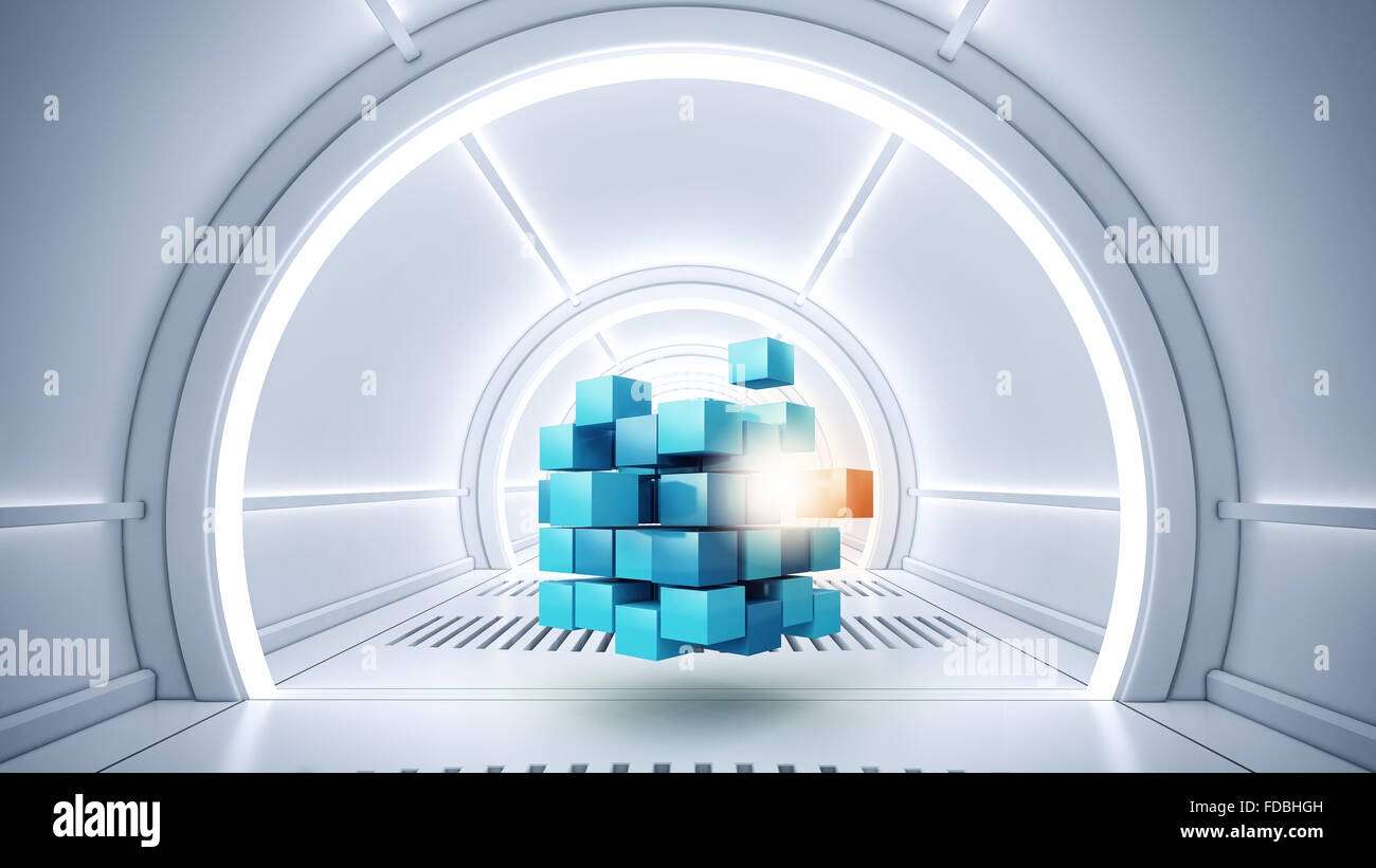 Abstract cube in futuristic room as innovative virtual interior design ...