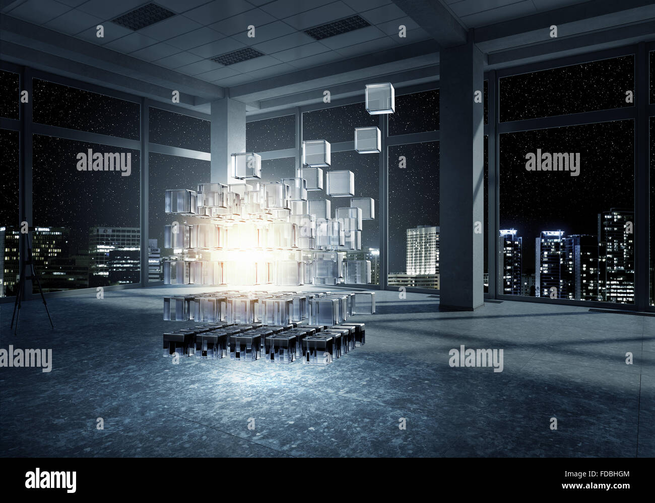 Office window in night and digital cube hi-res stock photography and ...