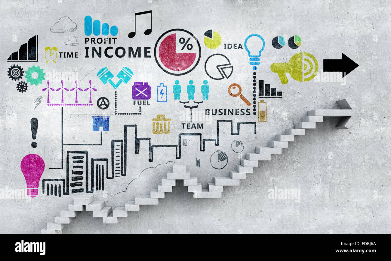 Business strategy plan over ladder leading to success Stock Photo - Alamy