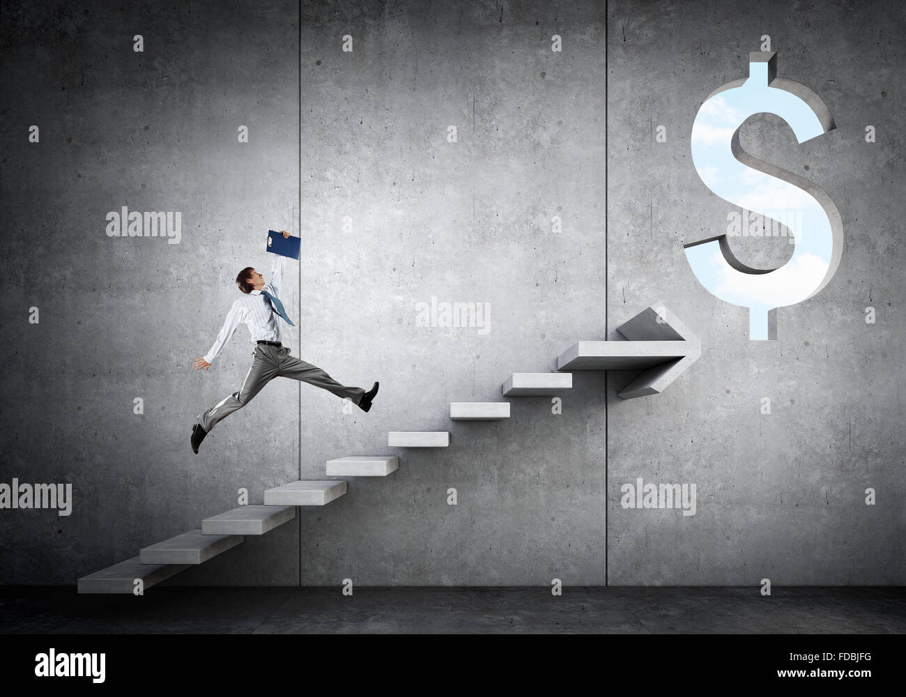 Businessman running on ladder leading to financial success Stock Photo ...