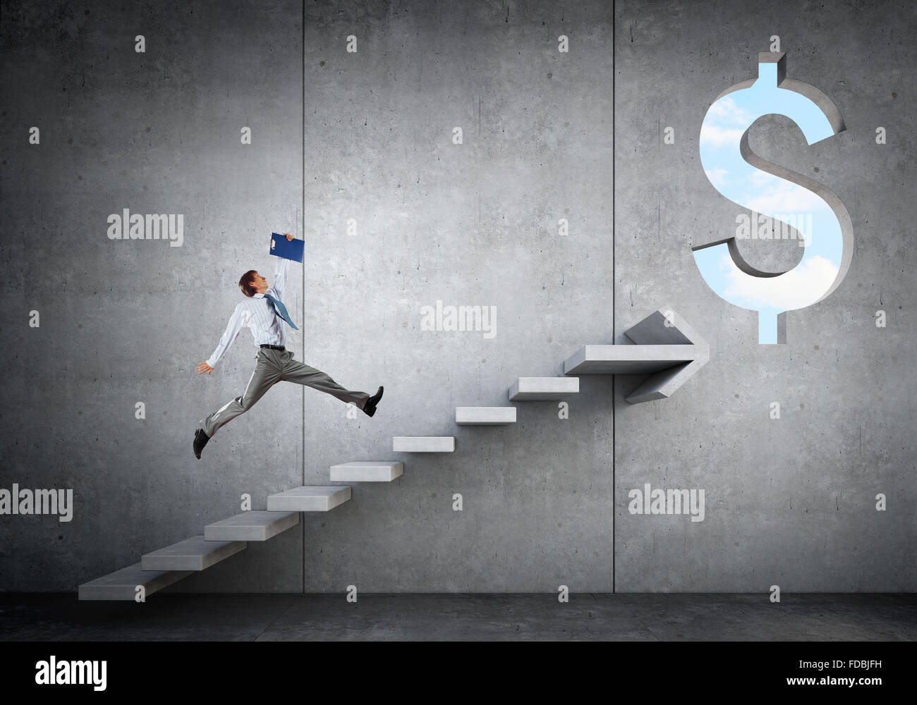 Businessman running on ladder leading to financial success Stock Photo ...