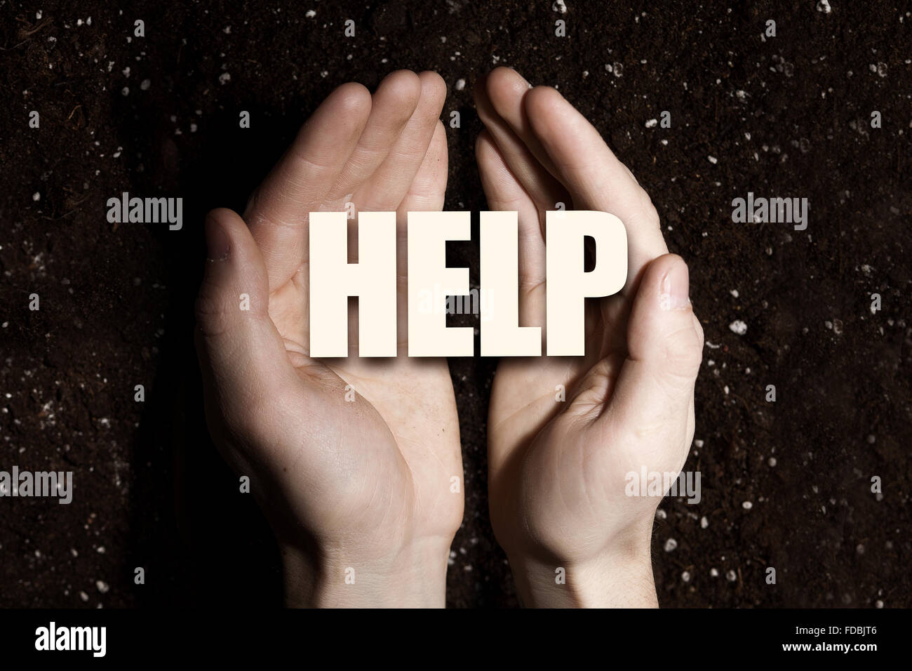Male hands on soil background showing in palms word help Stock Photo ...
