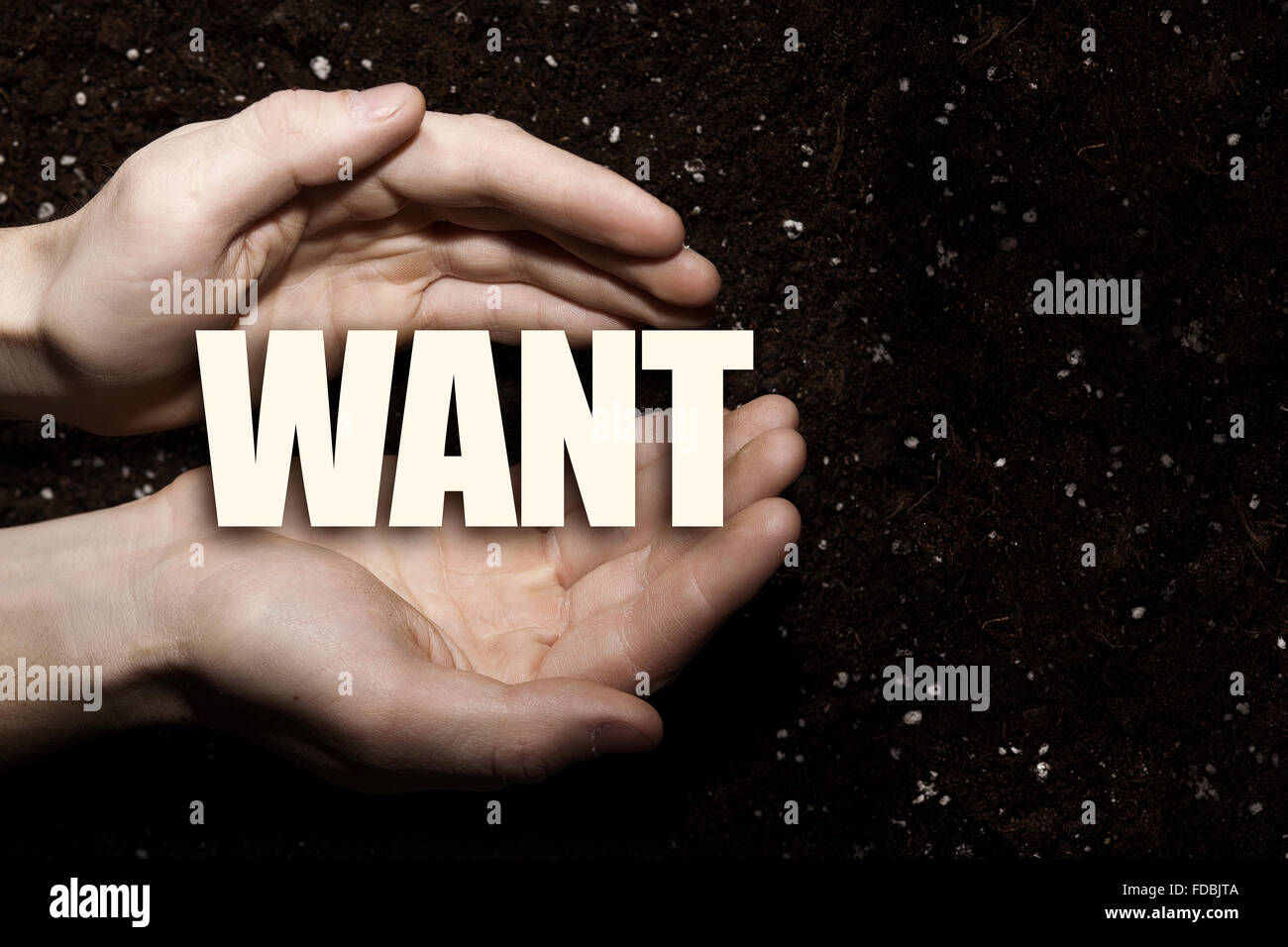 Male hands on soil background showing in palms word want hi-res stock ...