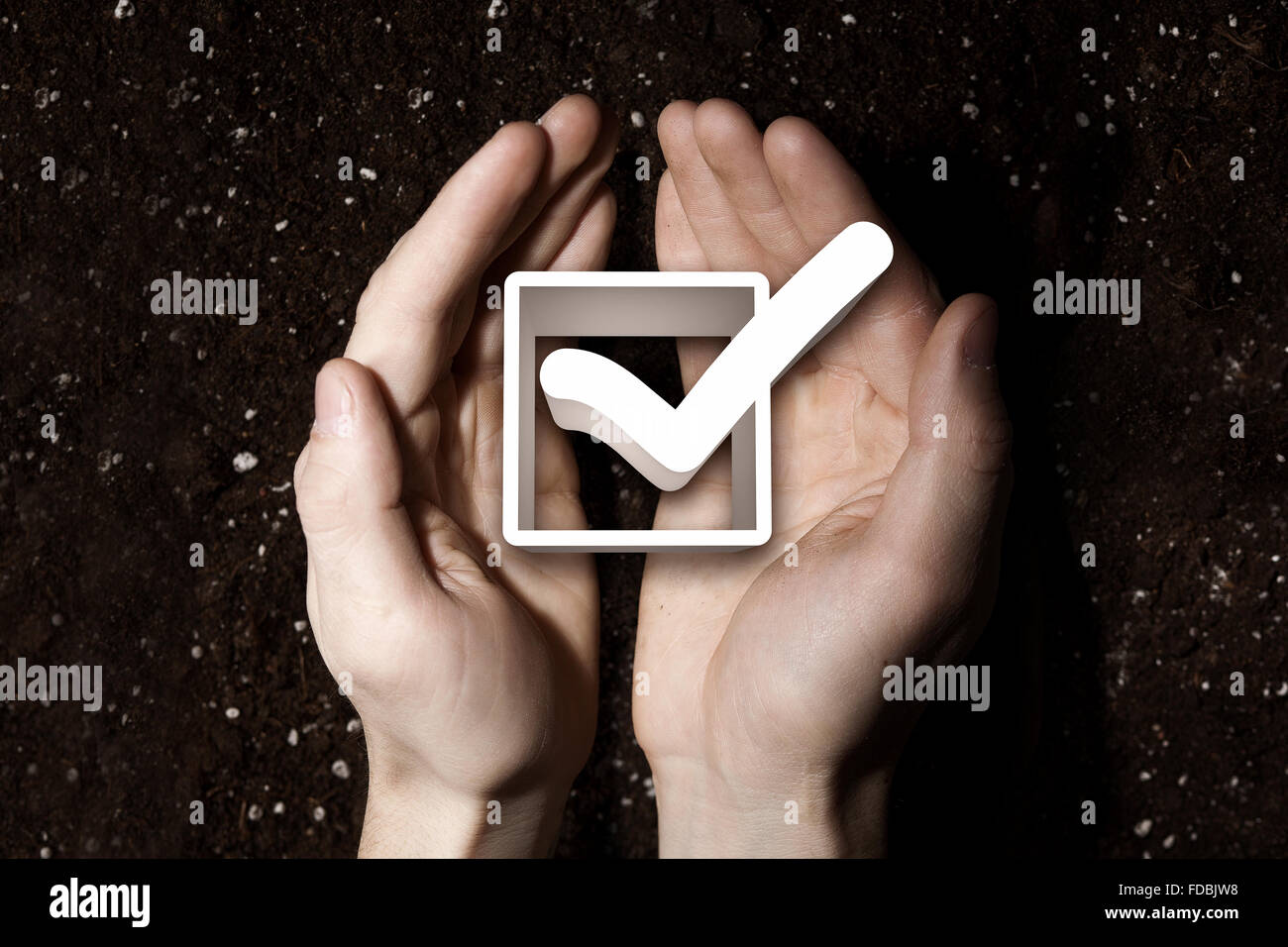 Male hands holding tick icon in palms on soil background Stock Photo ...