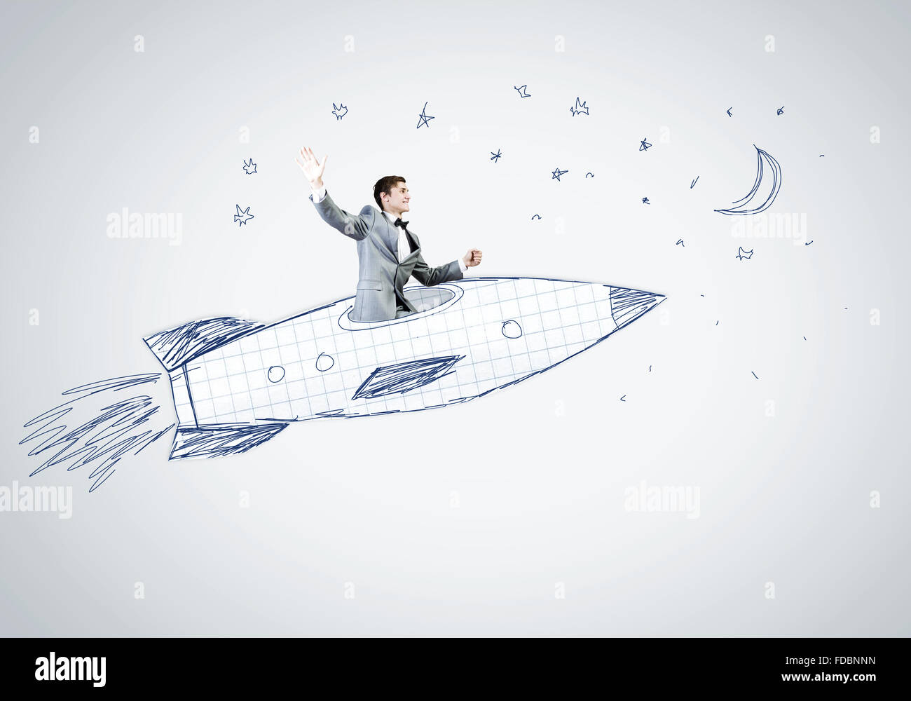 Caricature of funny man flying on rocket hi-res stock photography and ...