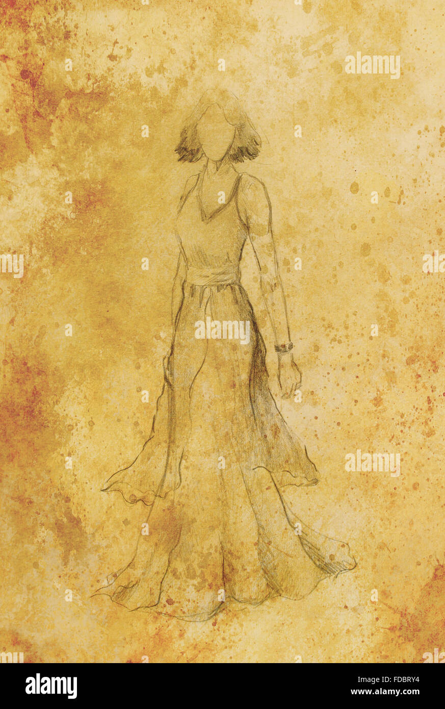 drawing of woman medieval historic dress on paper, designer sketch ...