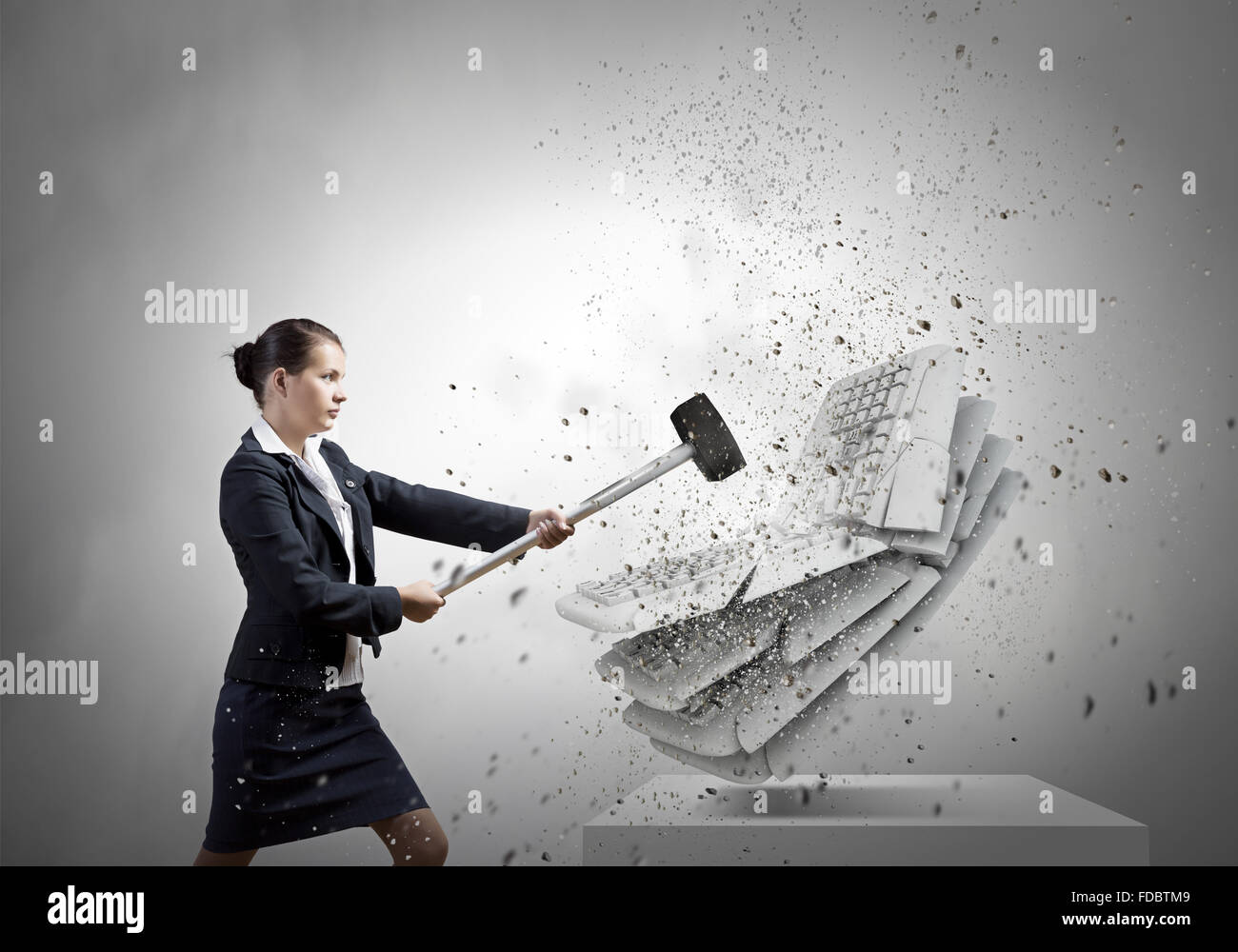Businesswoman in anger crashing keyboard with hammer Stock Photo - Alamy
