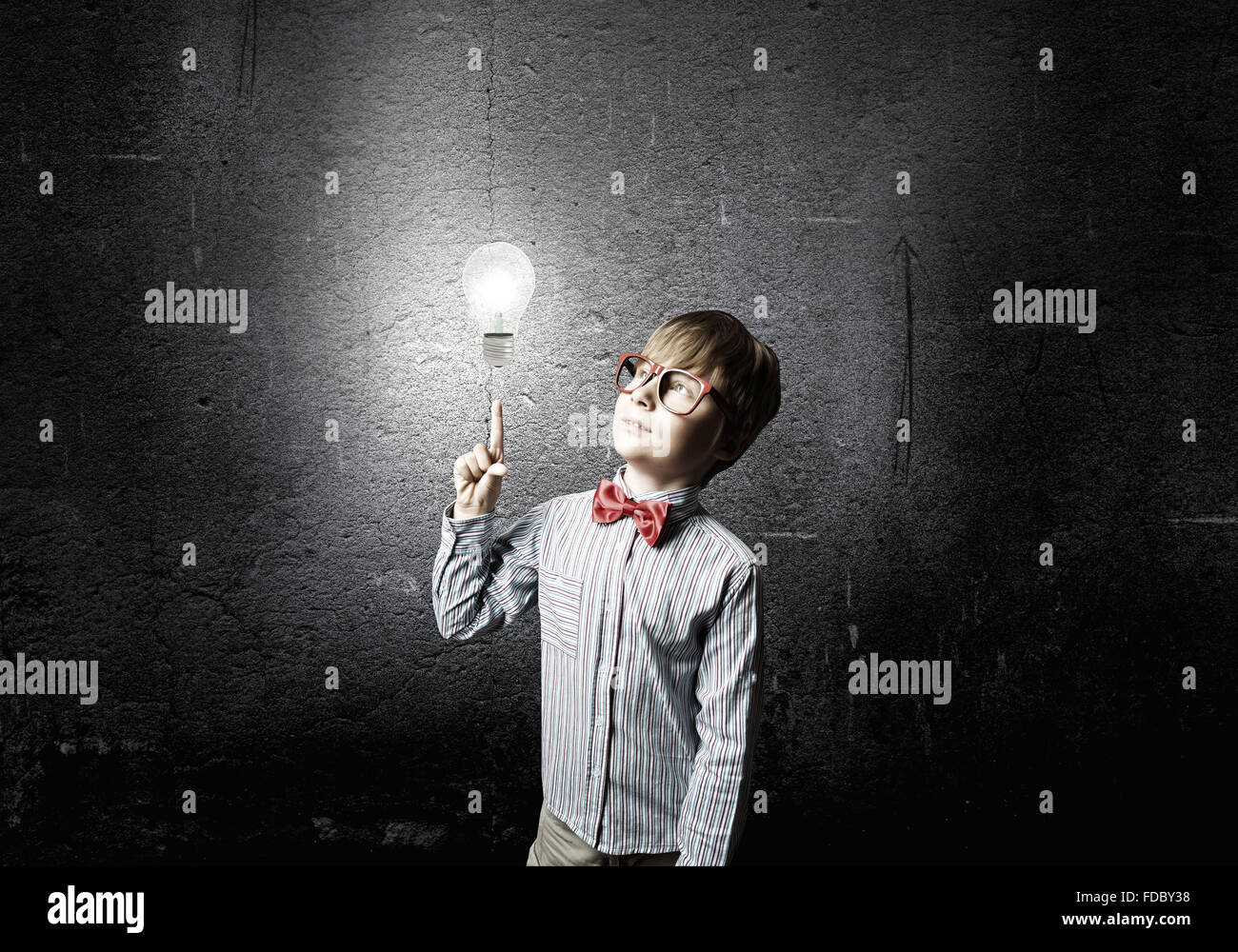 Genius boy in red glasses near blackboard with formulas Stock Photo - Alamy