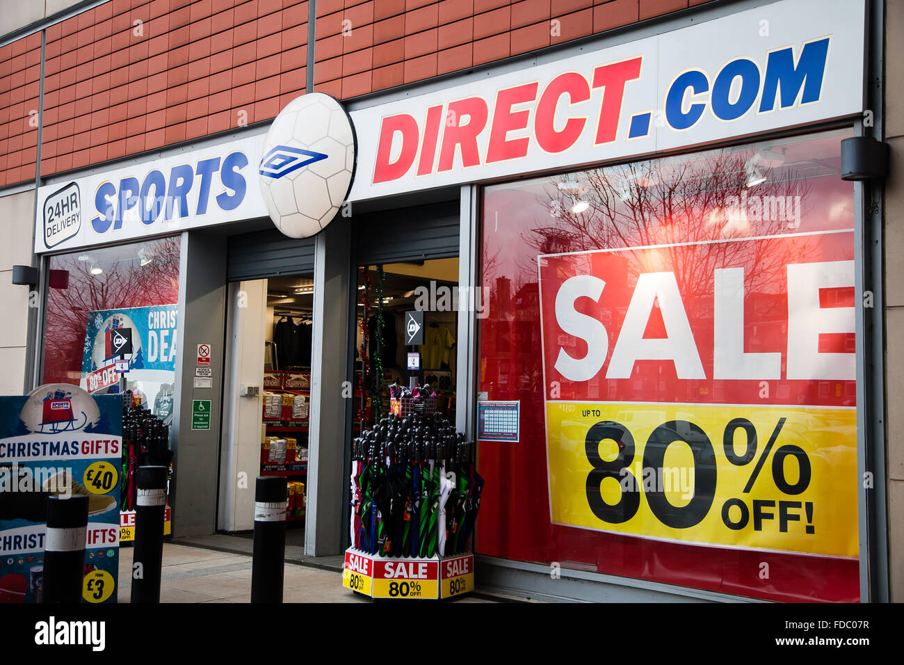 London, UK - Outside of a Sports Direct store in north London, offering ...