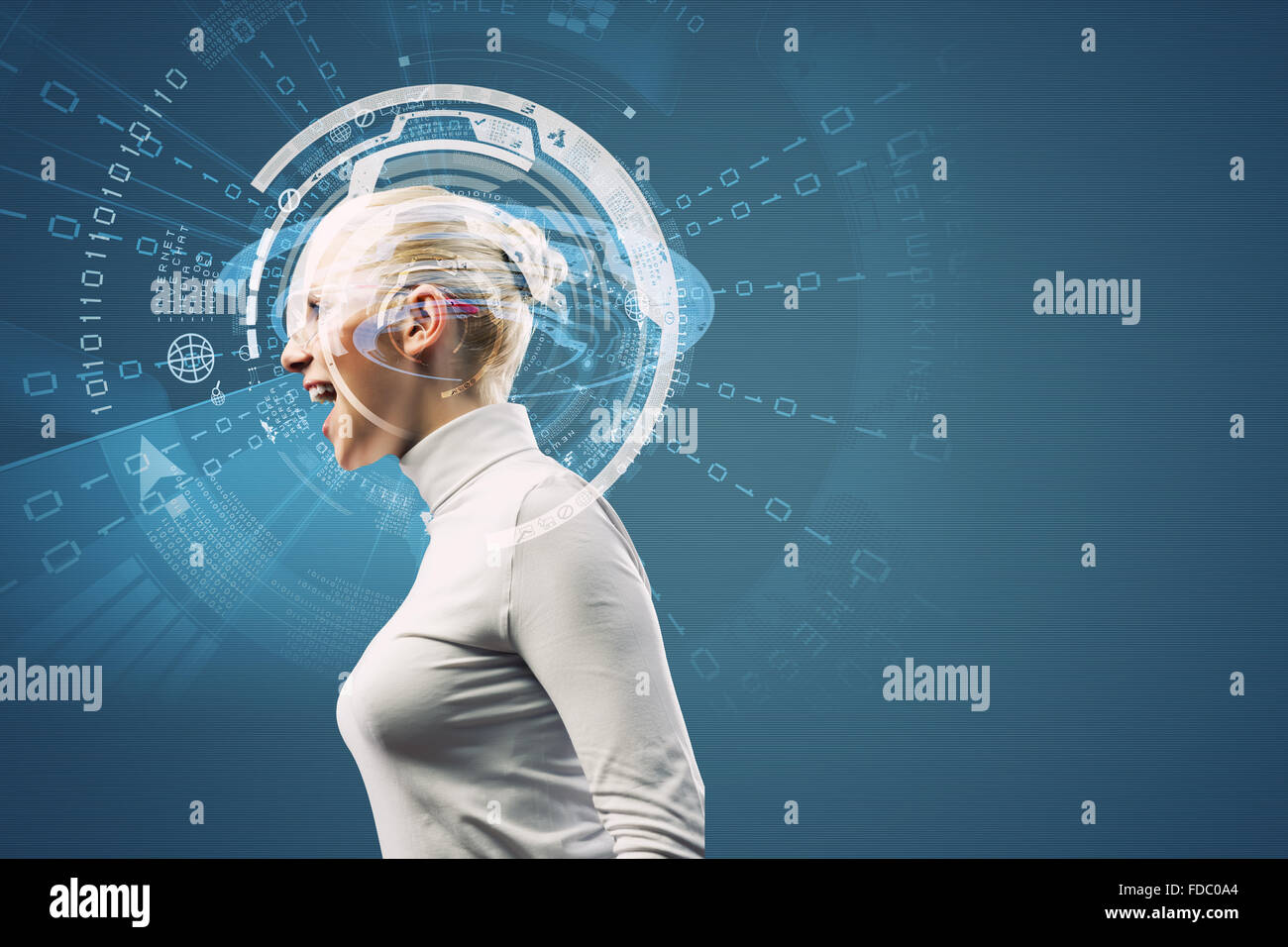 Young woman in white with hologram round head Stock Photo - Alamy