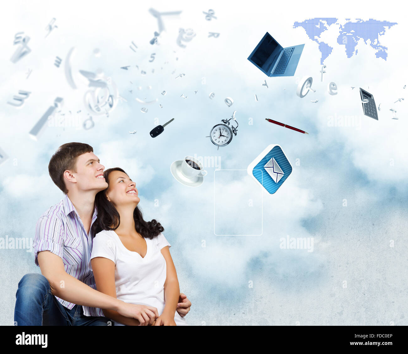 Young couple hugging each other and dreaming about future Stock Photo ...