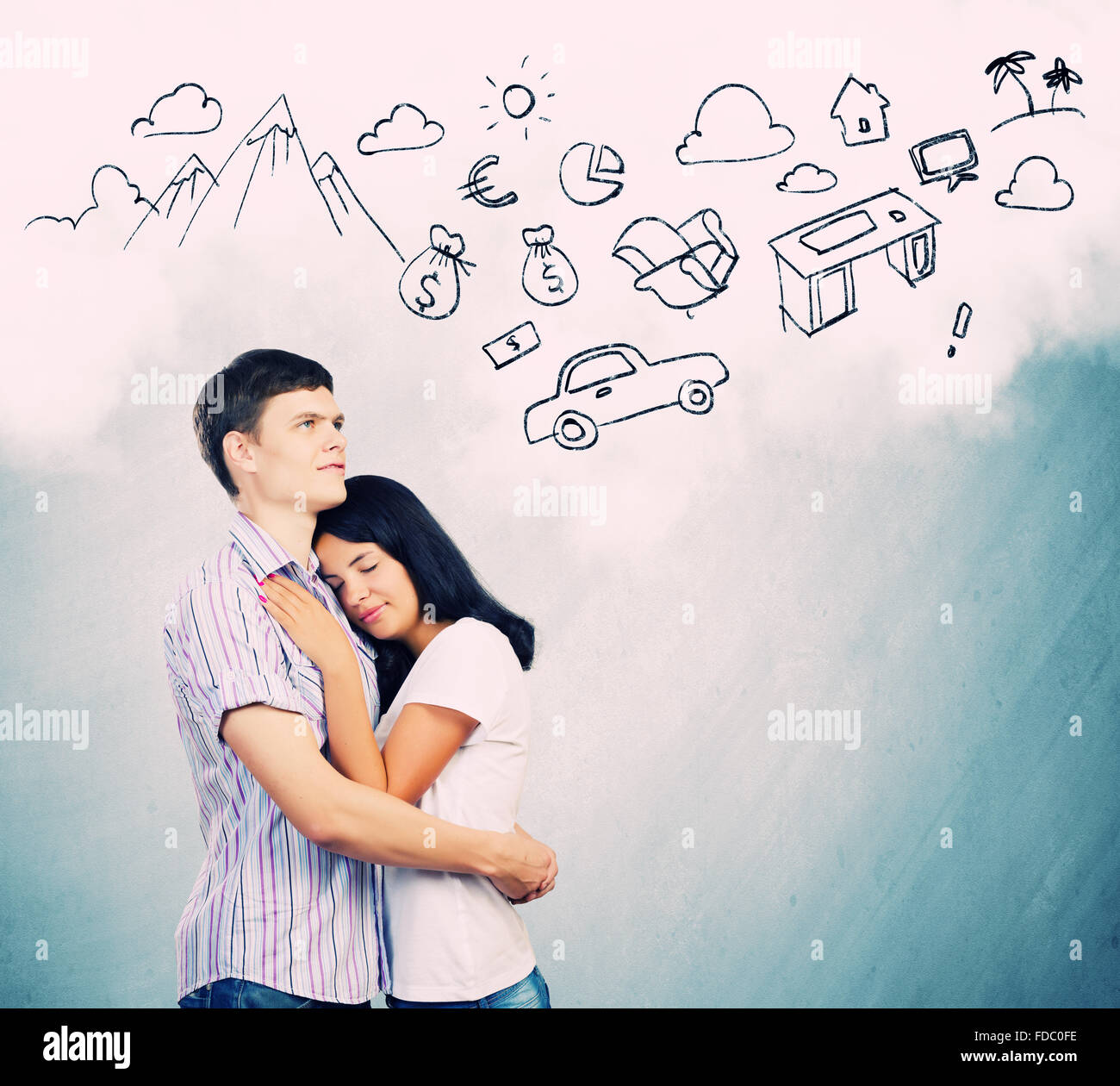Young couple hugging each other and dreaming about future Stock Photo ...