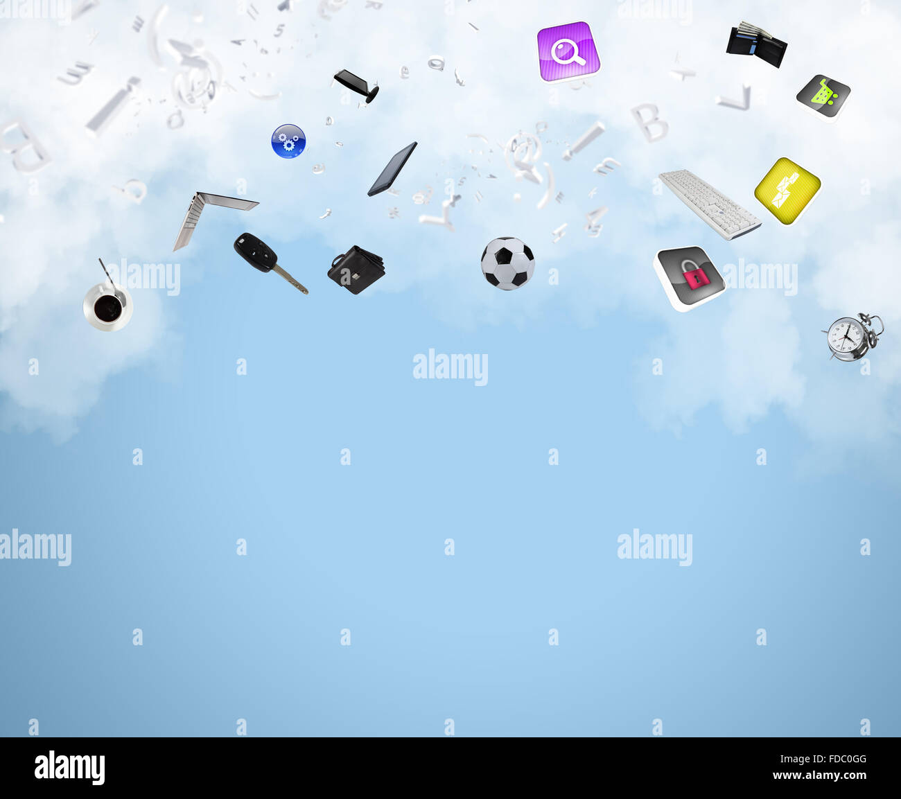Background image with flying icons against sky background Stock Photo ...