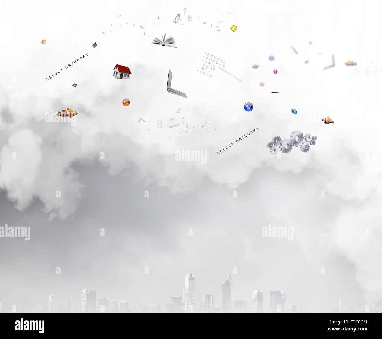 Background image with flying icons against sky background Stock Photo ...