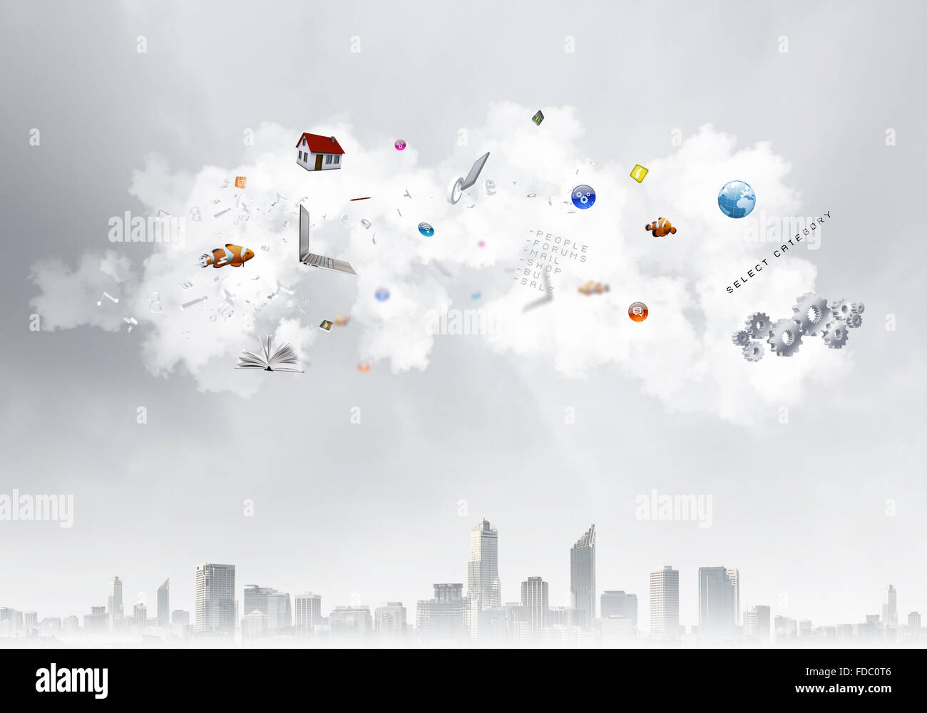 Background image with flying icons against sky background Stock Photo ...