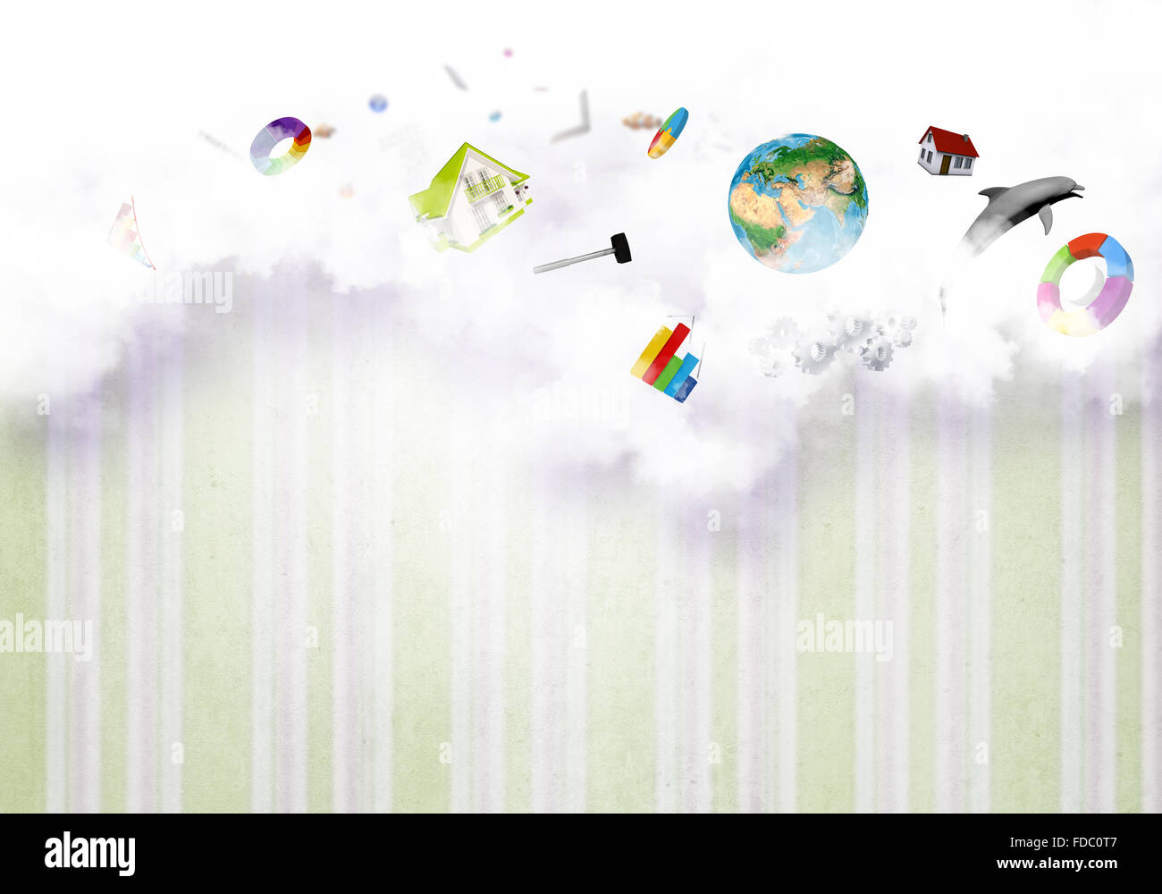 Background image with flying icons against sky background. Elements of ...