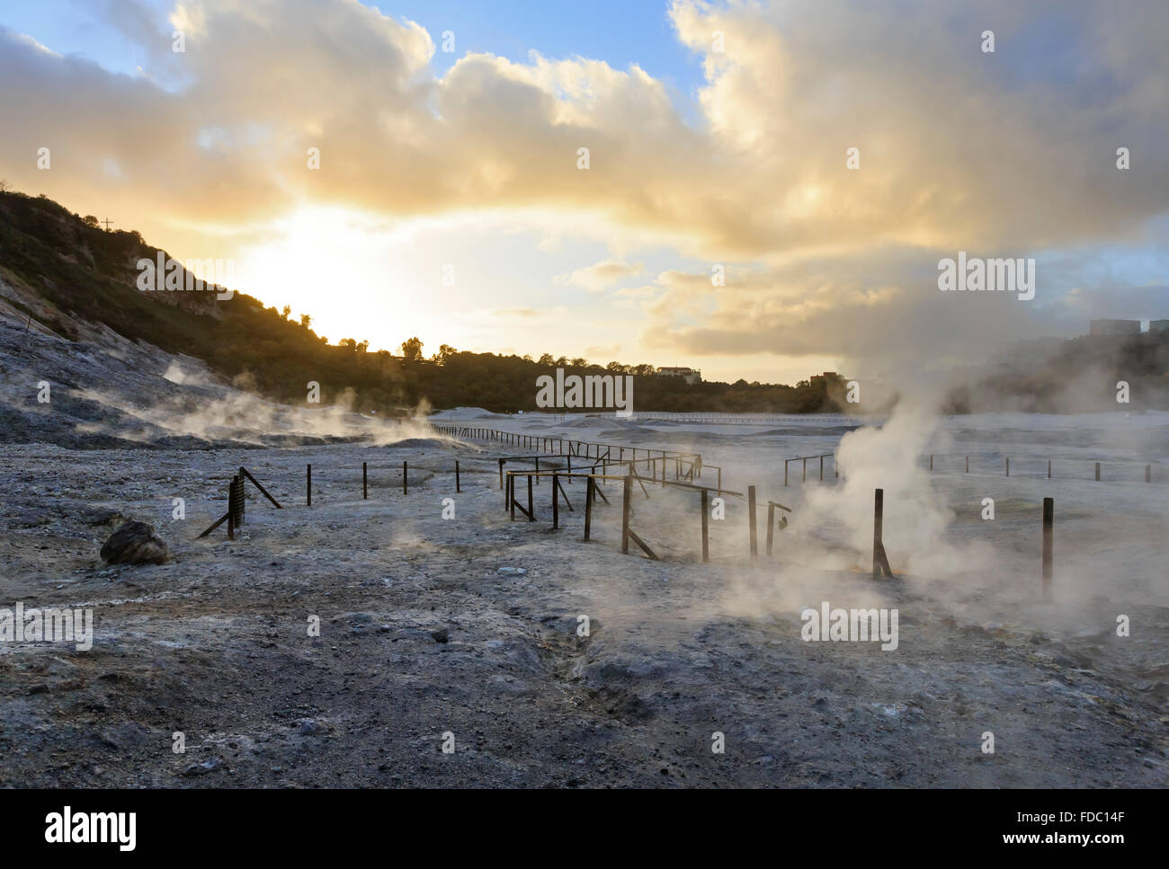 The Solfatara is a shallow volcanic crater with steam with sulfurous ...