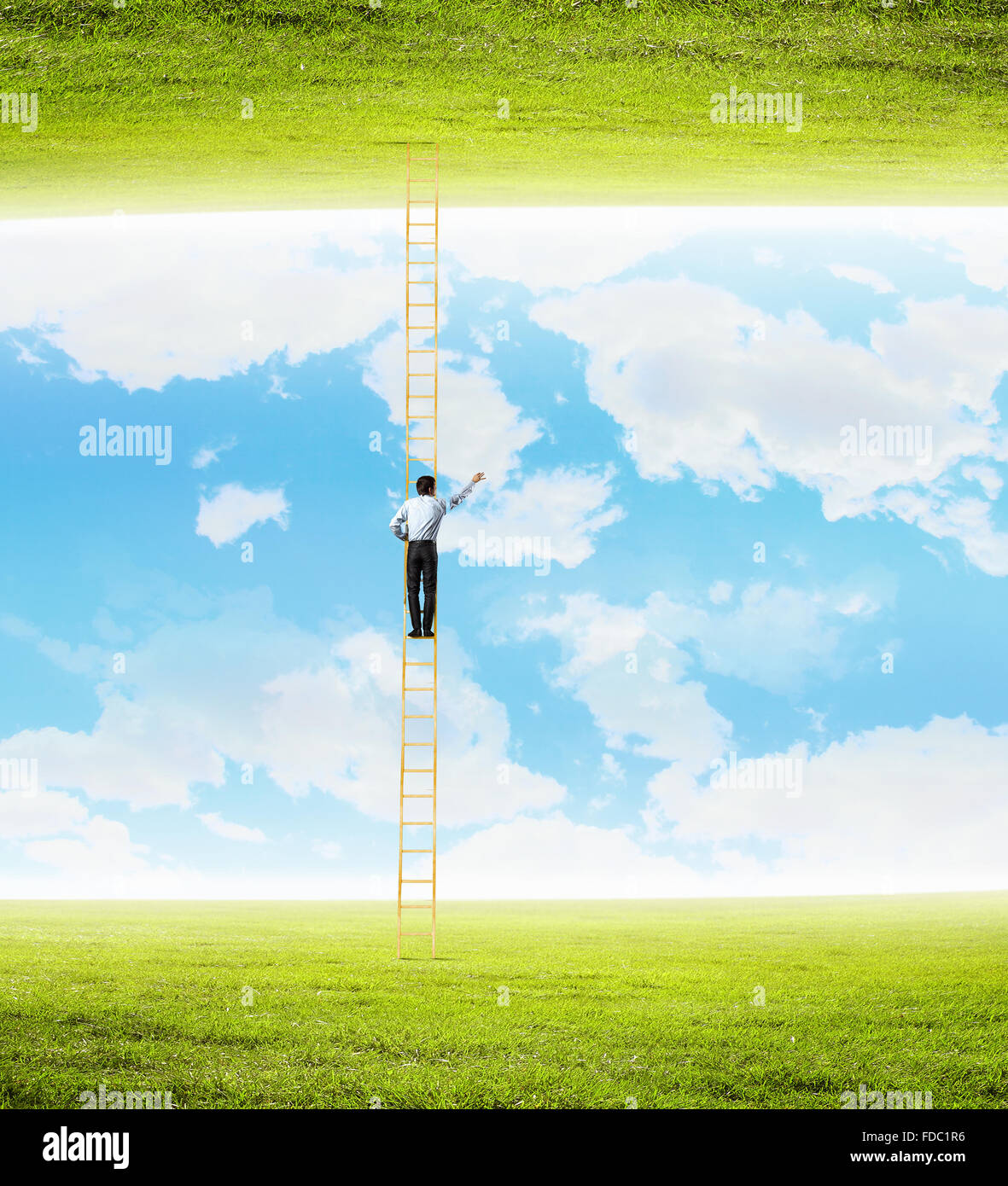 Rear view of businessman climbing ladder between two realities Stock ...