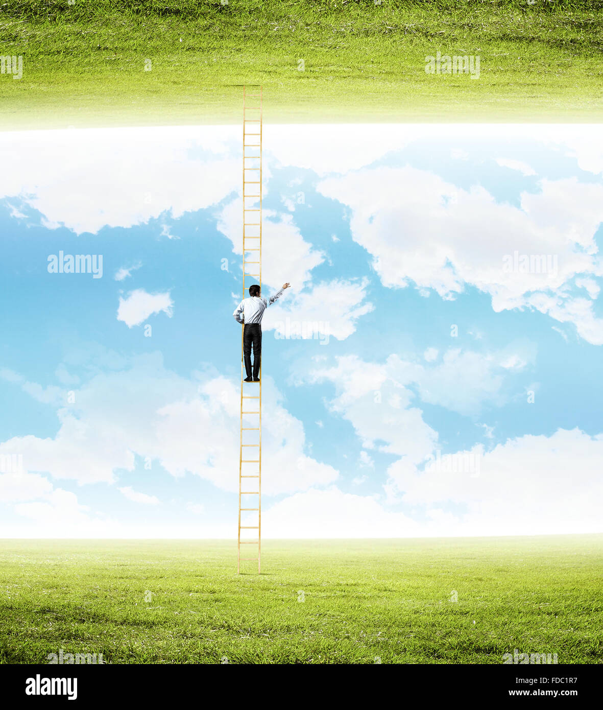 Rear view of businessman climbing ladder between two realities Stock ...
