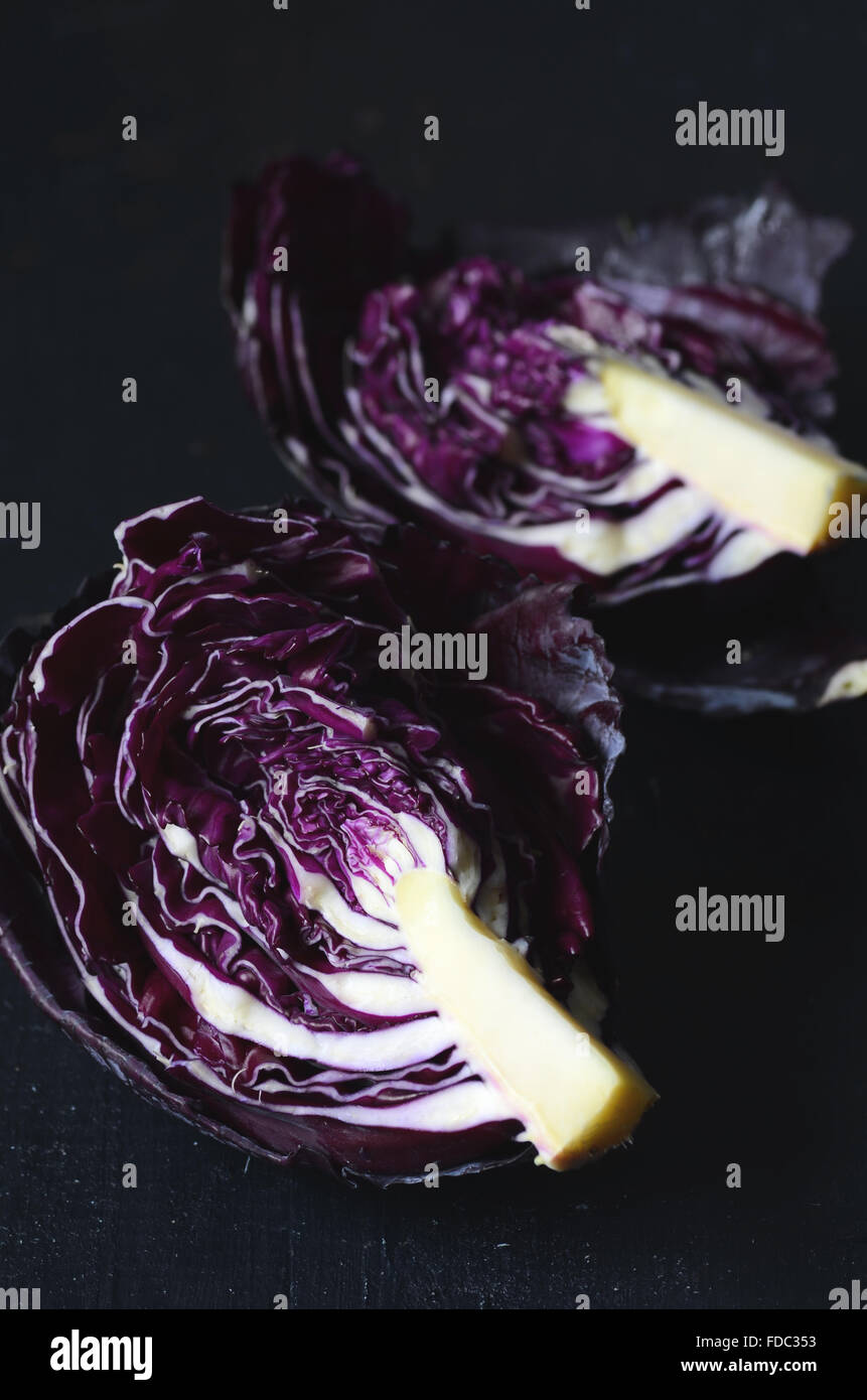 Red cabbage on wooden background close up shoot Stock Photo - Alamy