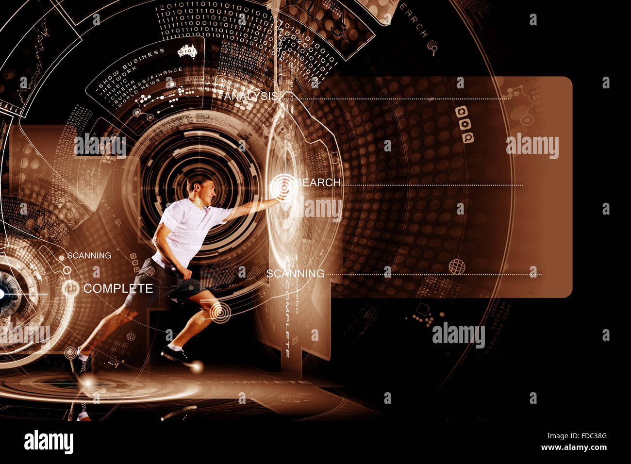 Young running man against digital media background Stock Photo - Alamy