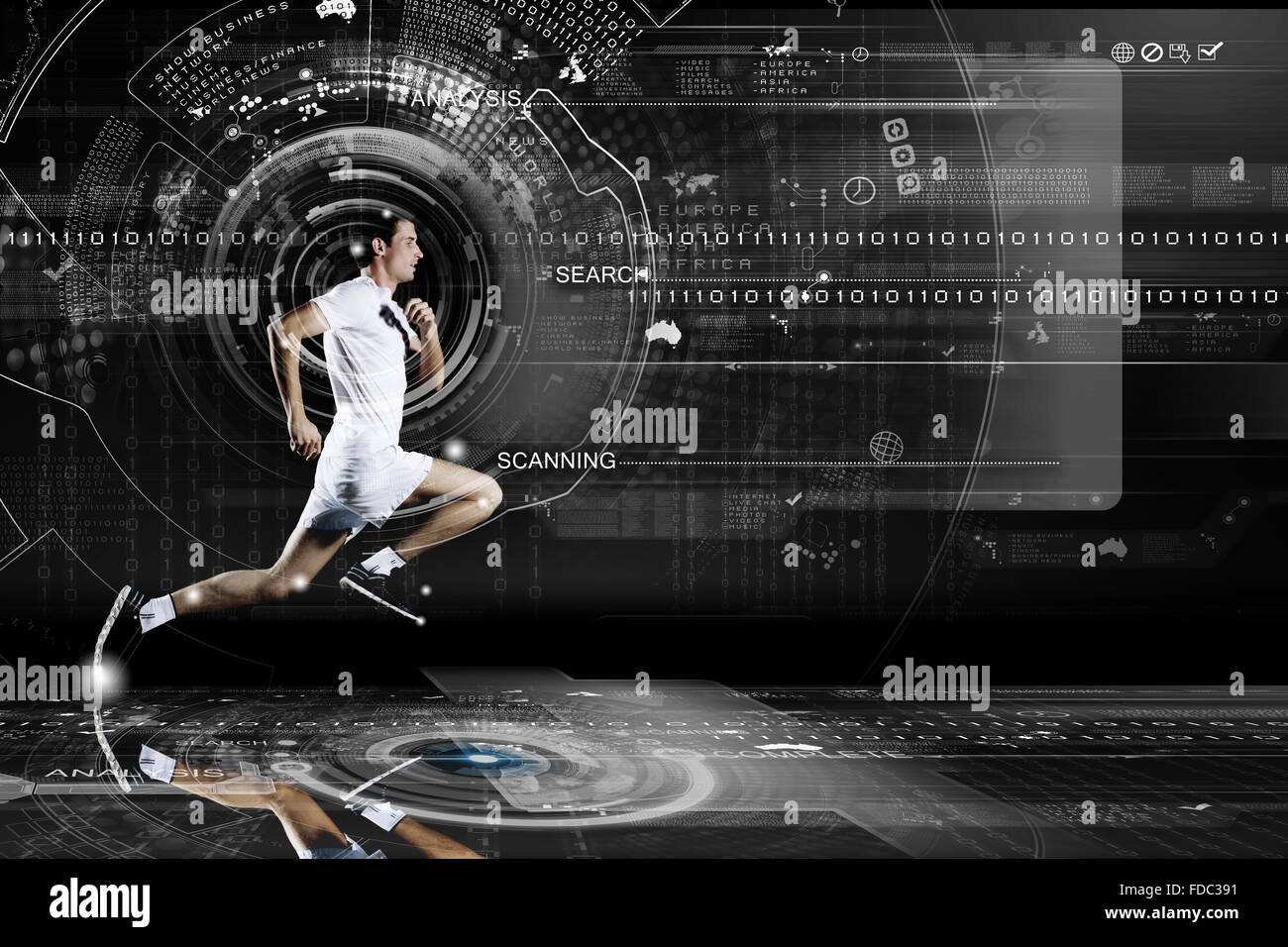 Young running man against digital media background Stock Photo - Alamy