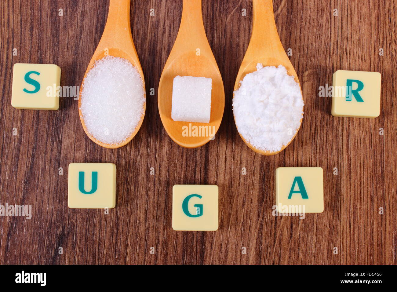 Sugar cube, granulated and powdered sugar on wooden spoons with text ...