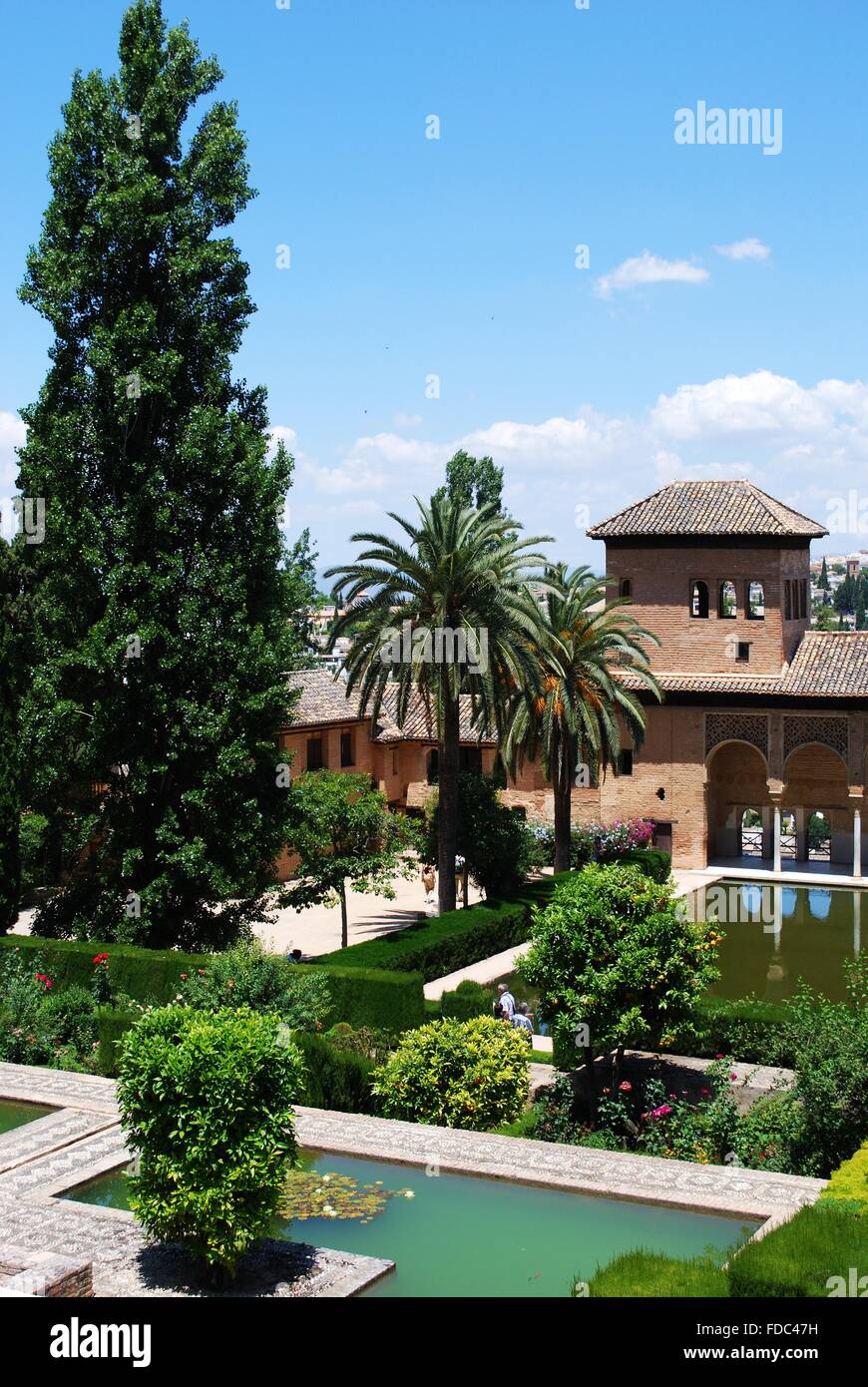 Elevated view of the Palacio del Partal (Gardens of the partal), Palace ...