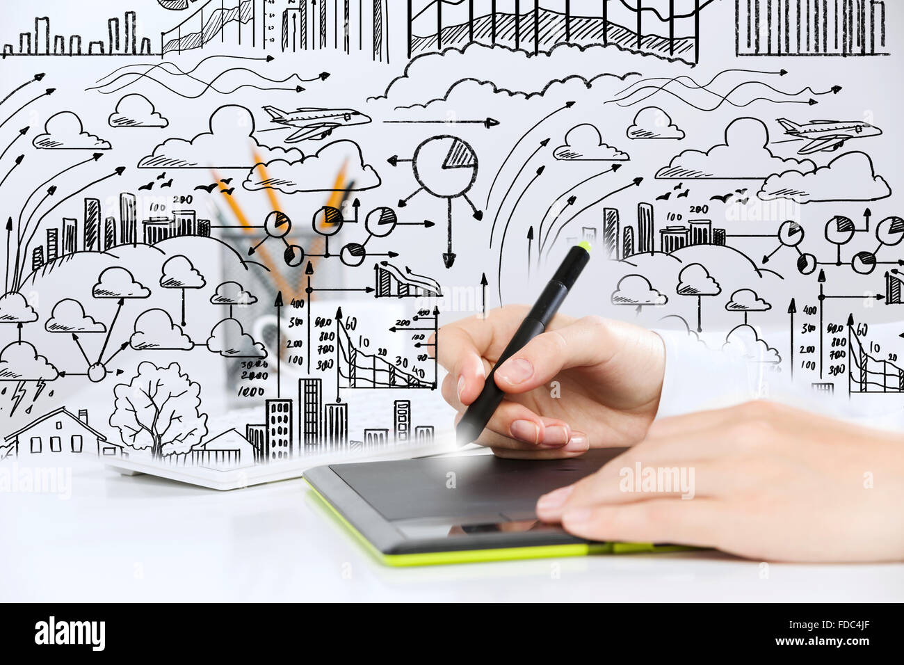 Close up of human hand drawing business strategy plan Stock Photo - Alamy