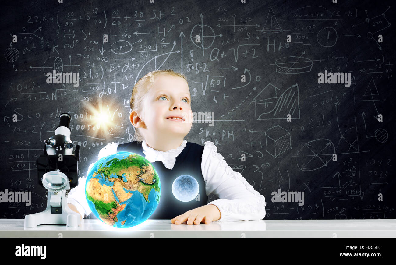 Cute girl with microscope against blackboard. Elements of this image ...