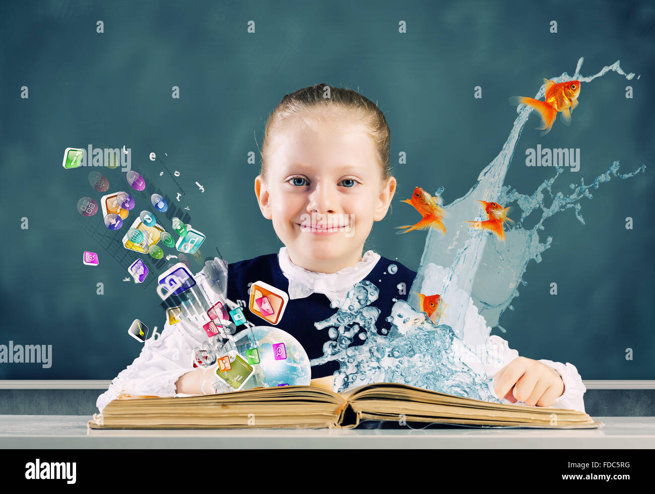Cute school girl with opened book and icon flying out Stock Photo - Alamy