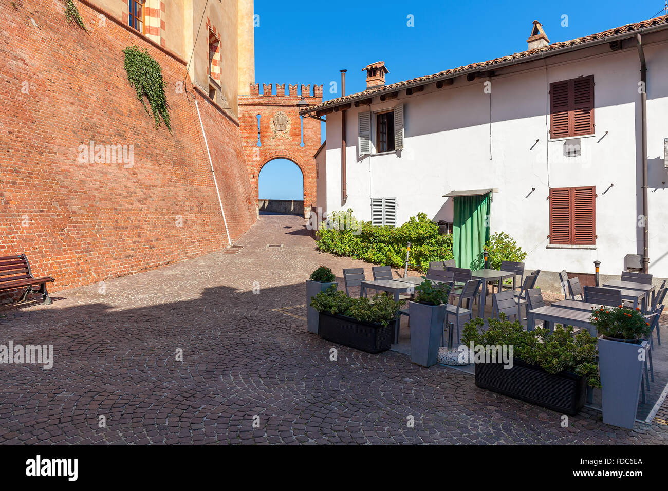 Small cobblestone square in town of Barolo in Piedmont, Northern Italy ...