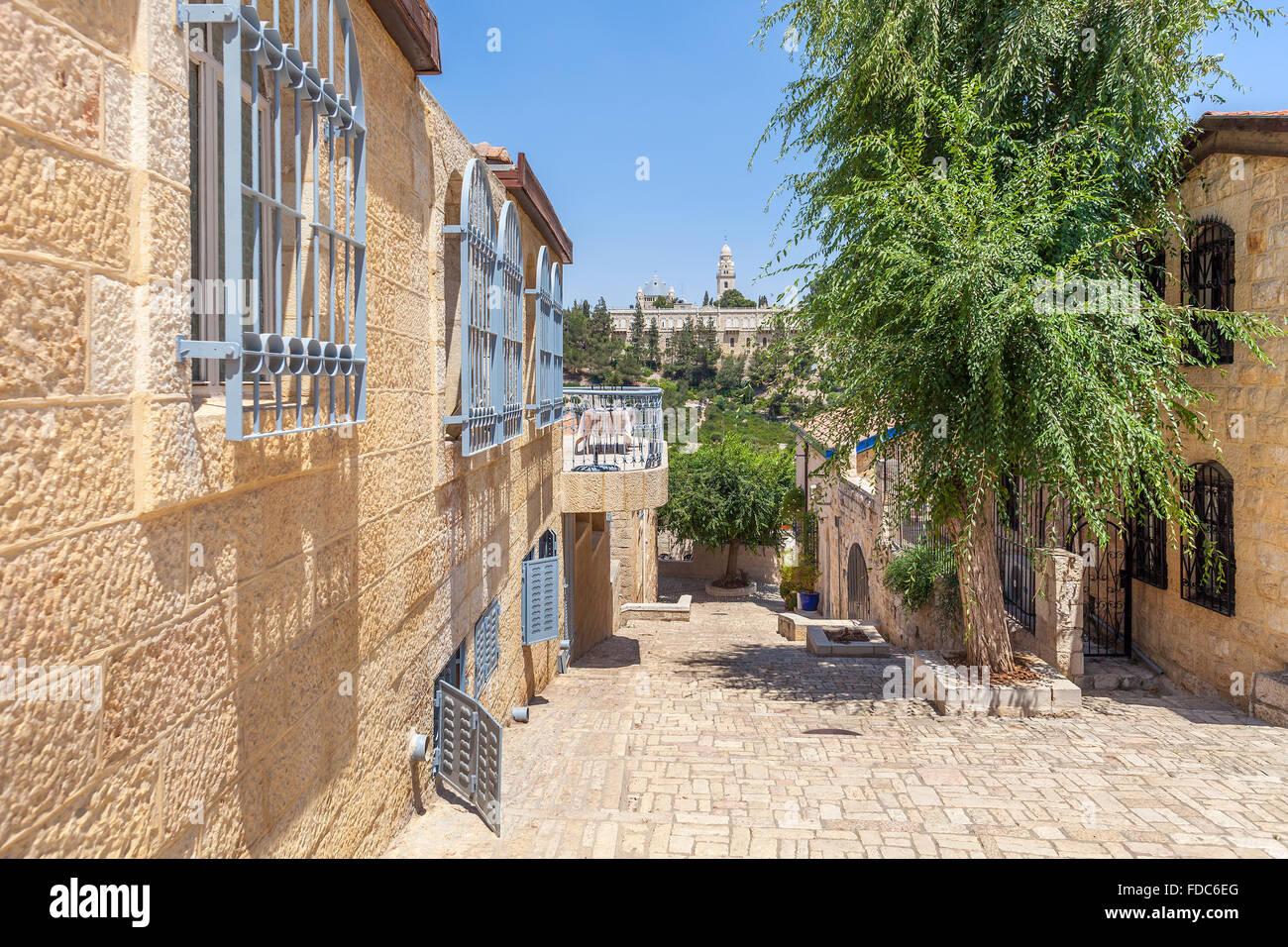 Street and houses of Mishkenot Sha’ananim neighborhood in Jerusalem ...