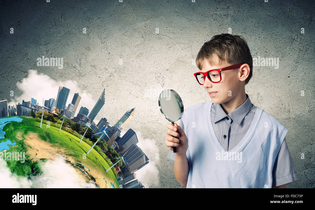 Cute school boy examining objects with magnifying glass. Elements of ...