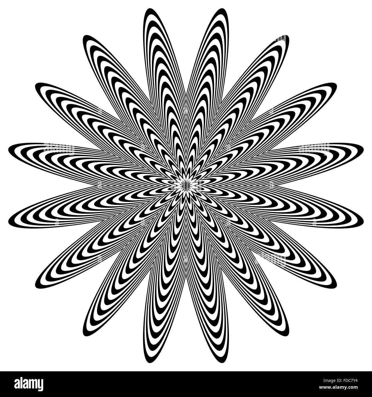 Abstract monochrome element with lined filling. Radial, radiating shape ...