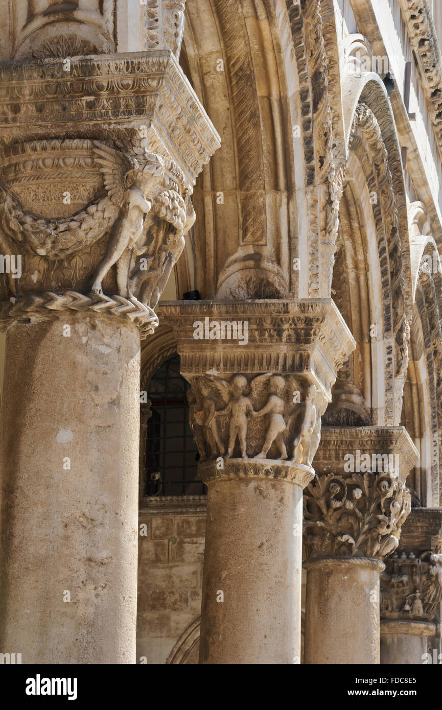 Stone carvings on the columns of the Rector Palace, Dubrovnik, Croatia ...
