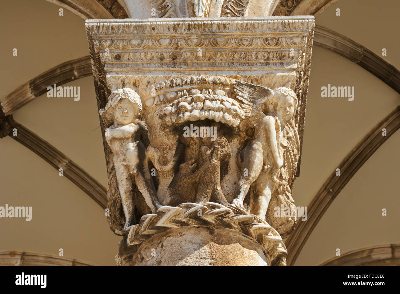 Stone carvings on the column of the Rector Palace, Dubrovnik, Croatia ...