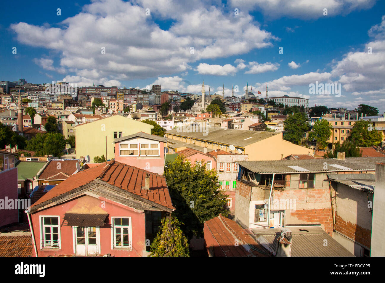 Colorful houses of Sultanahmet district, Istanbul, Turkey. City's hills ...