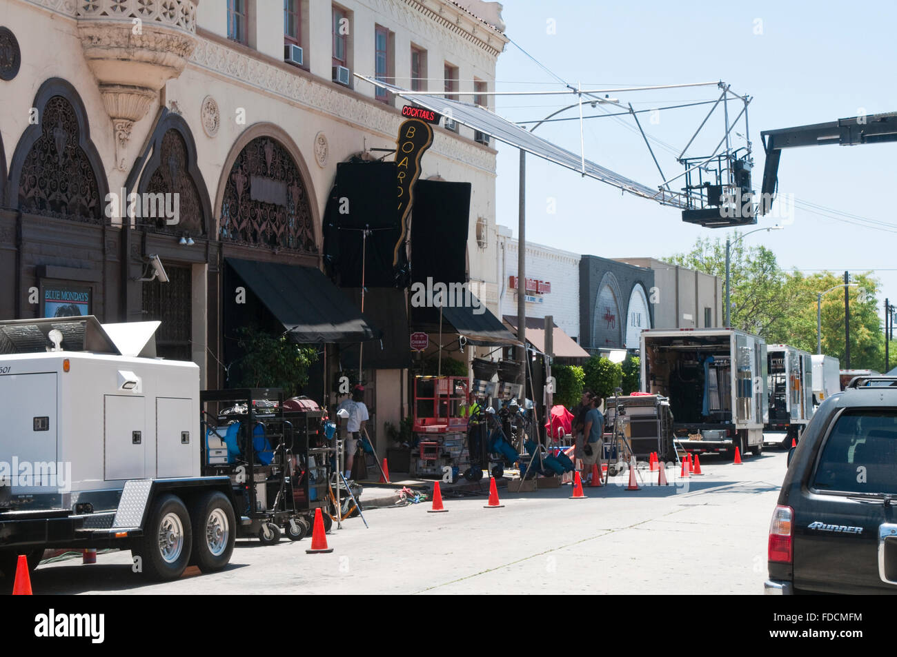 Film crew setting up outside a cocktail bar in Hollywood, Los Angeles ...