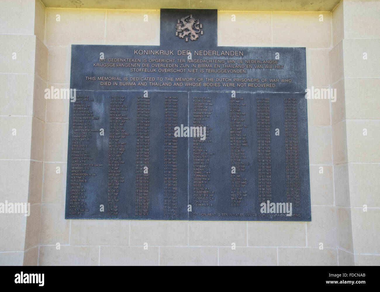Kanchanaburi, WWII Death Railway Cemetery Memorial plaque to Dutch ...