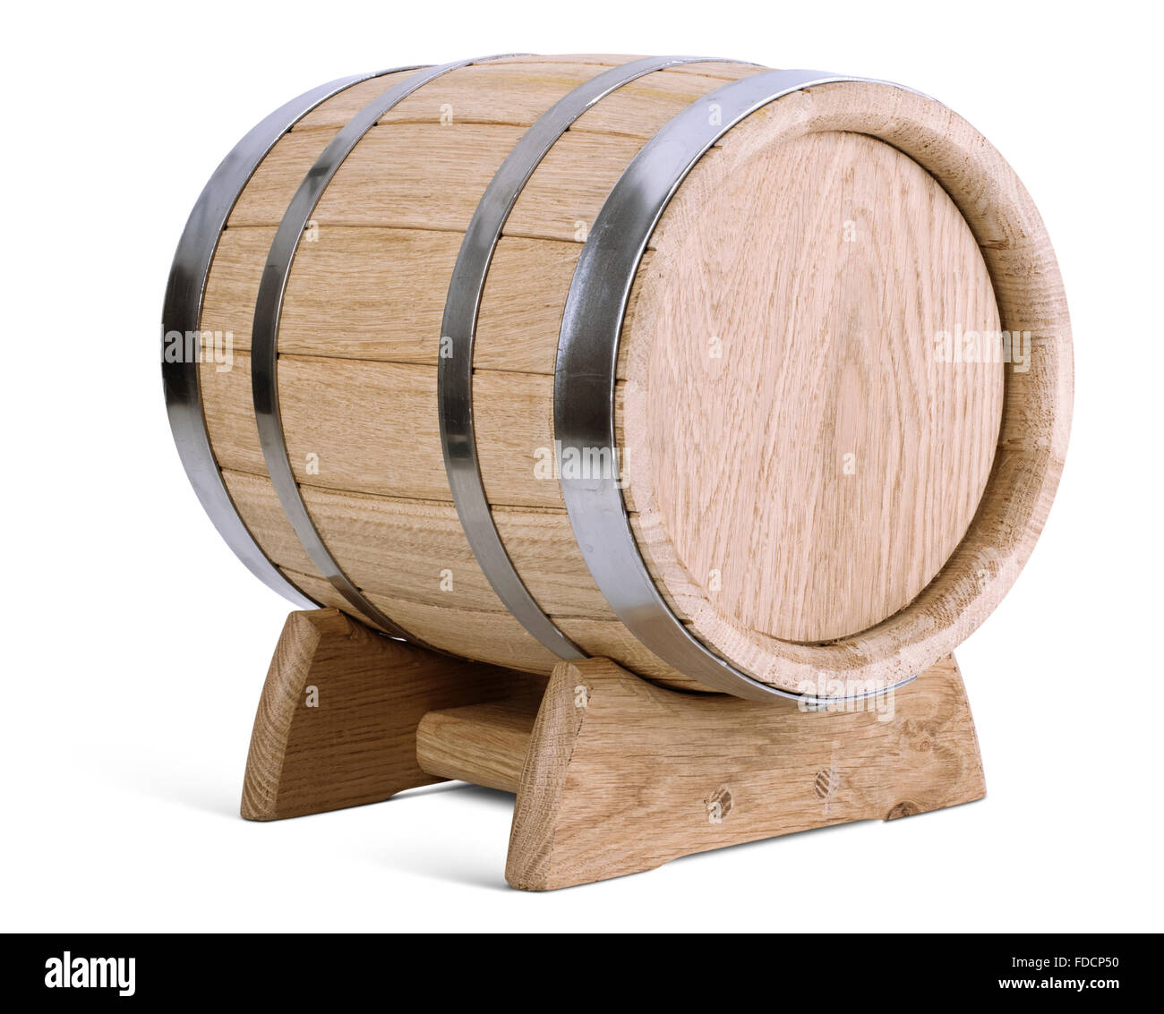 oak wooden barrel on stands isolated on white background with clipping ...